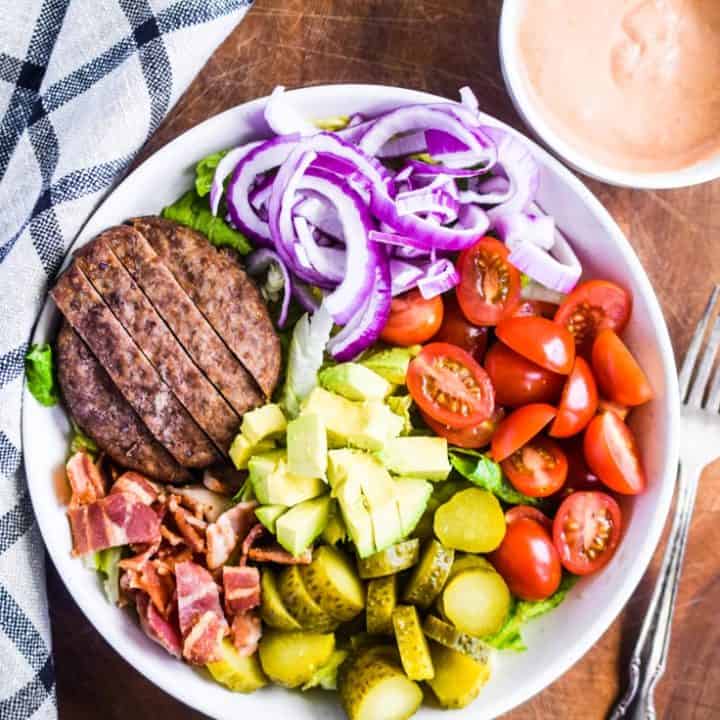 Burger Salad Bowl with Special Sauce Dressing (Low Carb, Keto, Paleo)