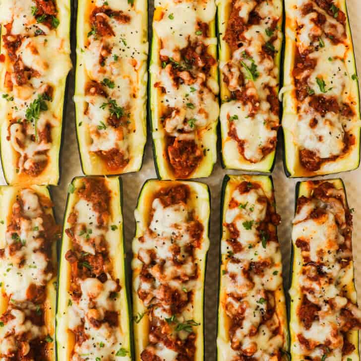 Stuffed Zucchini Boats with Ground Beef + Cheese (Easy Dinner)